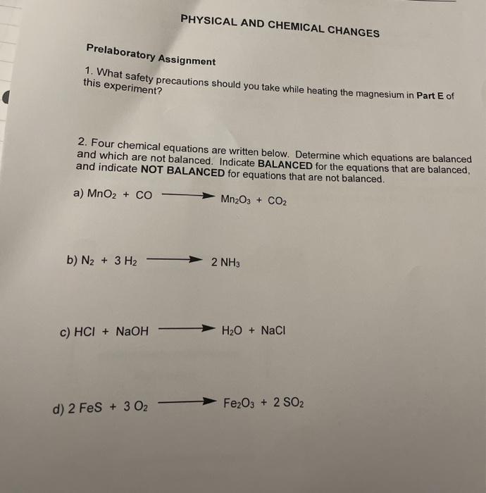 Solved PHYSICAL AND CHEMICAL CHANGES Prelaboratory | Chegg.com