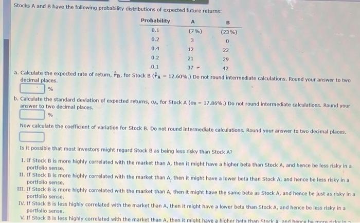 Stocks A and B have the following probability | Chegg.com