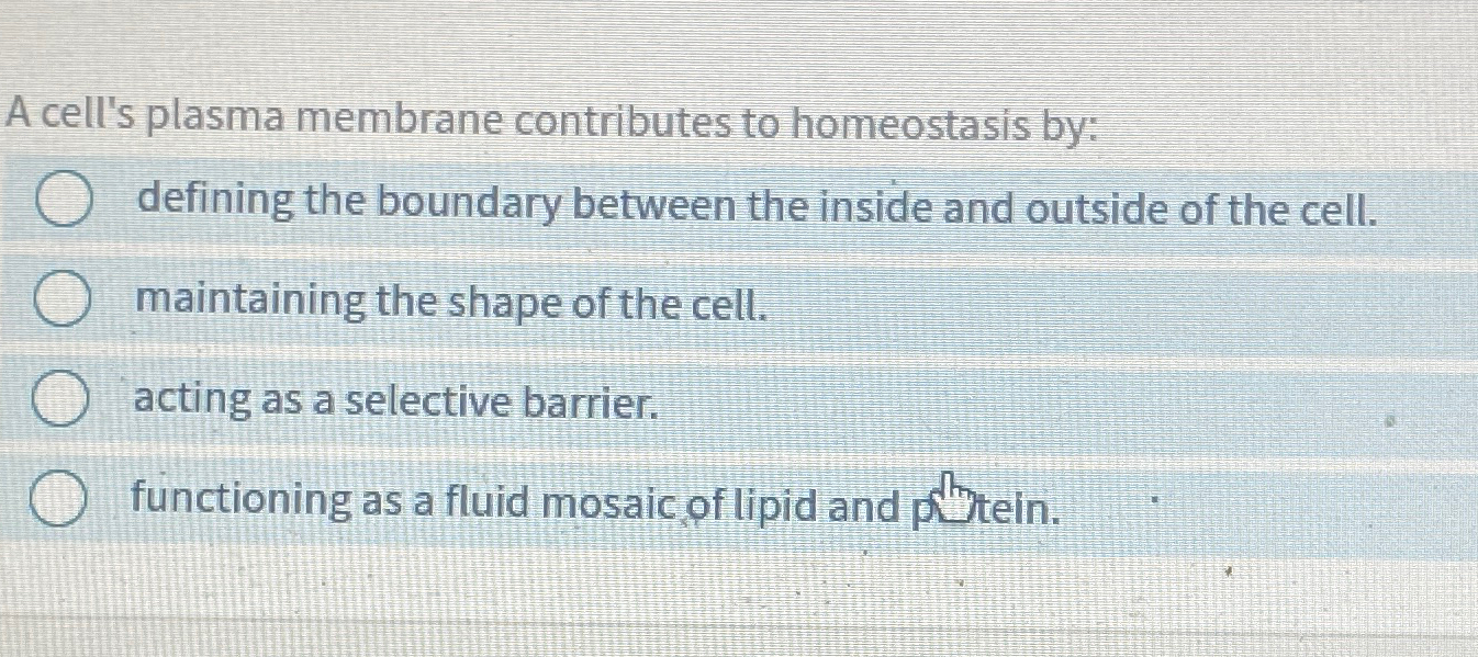 Solved A cell's plasma membrane contributes to homeostasis | Chegg.com
