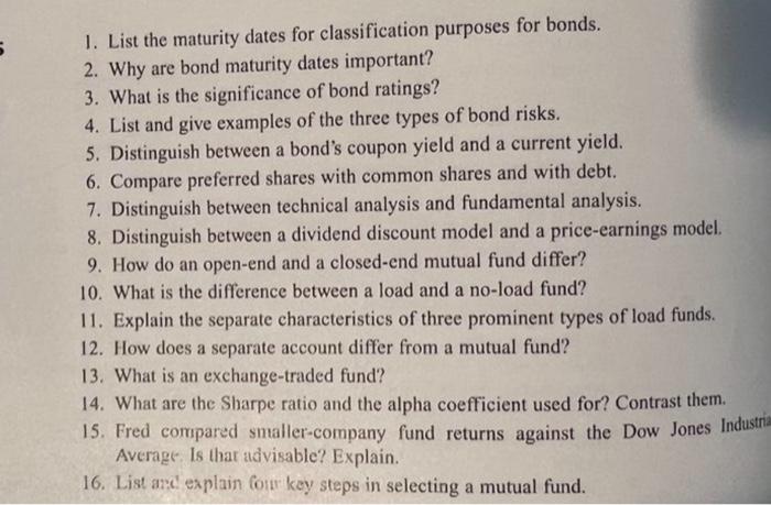 Solved 1. List the maturity dates for classification | Chegg.com