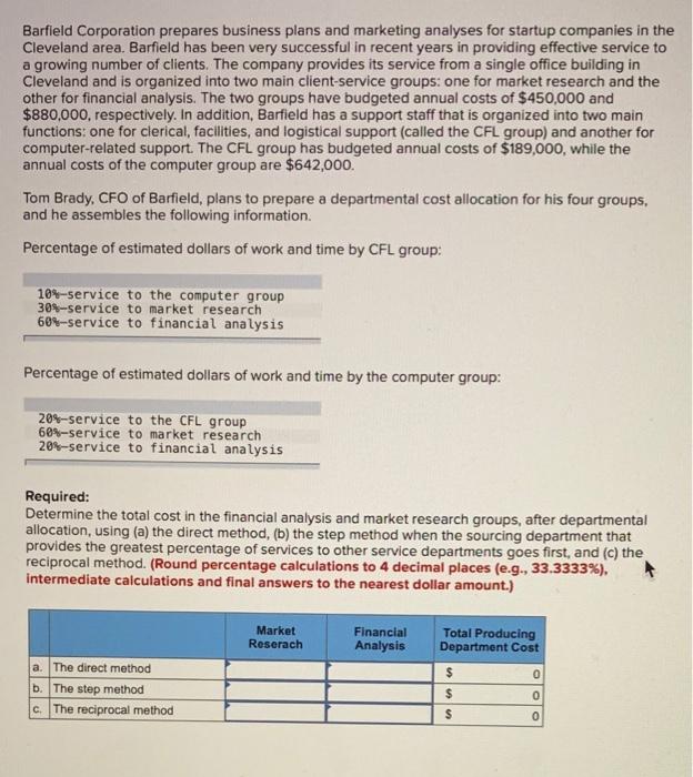 Solved Barfield Corporation prepares business plans and | Chegg.com