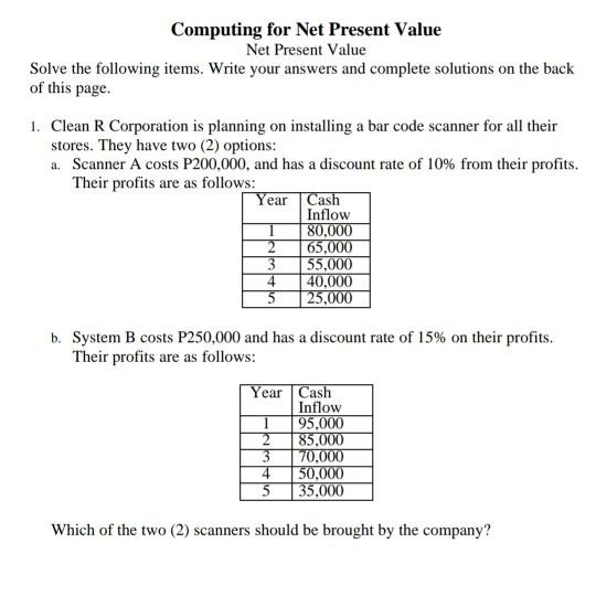 Solved Computing for Net Present Value Net Present Value | Chegg.com