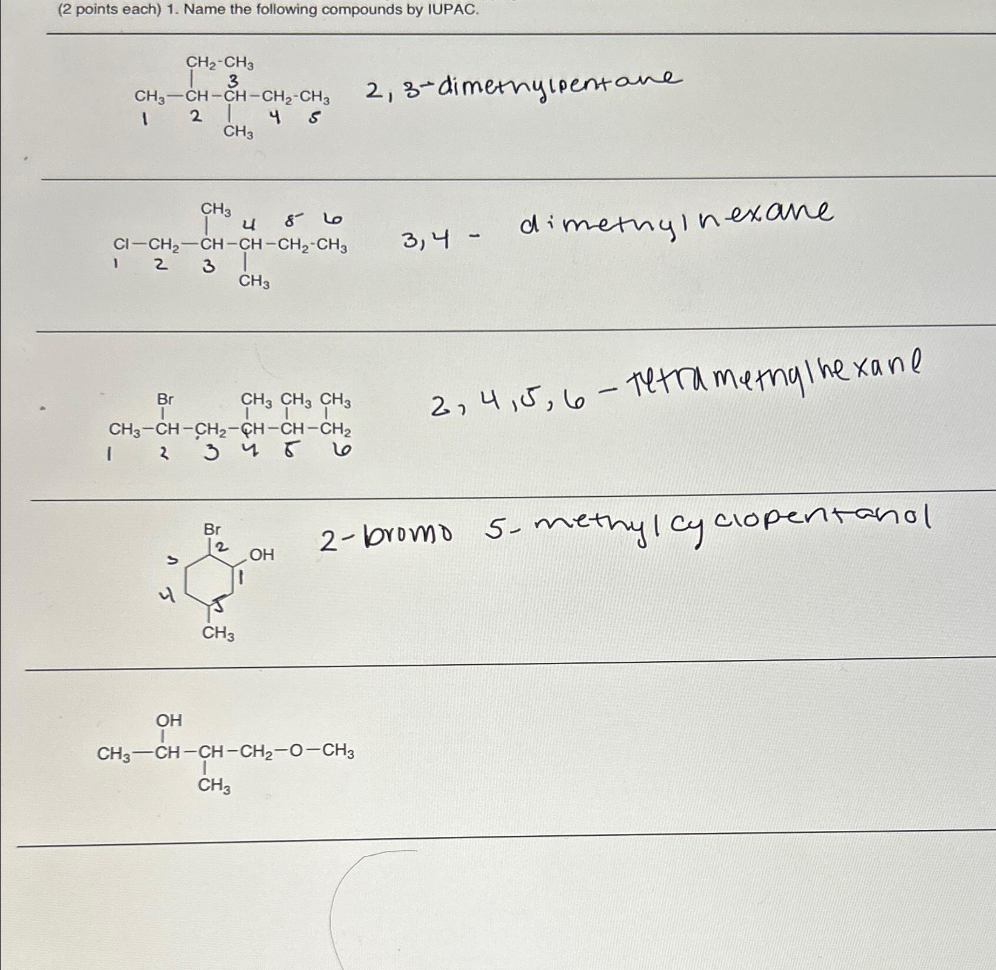 Solved (2 ﻿points each) 1. ﻿Name the following compounds by | Chegg.com