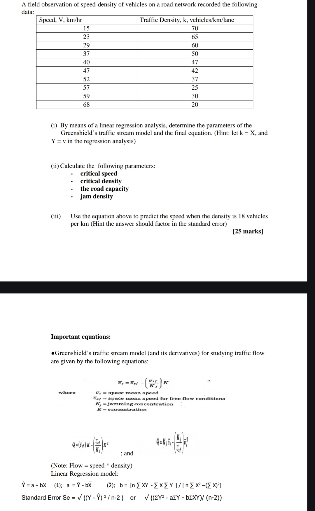 Solved A field observation of speed-density of vehicles on a | Chegg.com