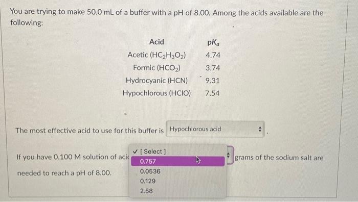 Solved You are trying to make 50.0 mL of a buffer with a pH | Chegg.com