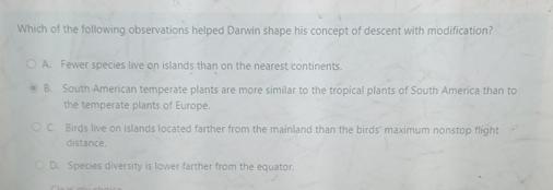 Solved Which of the following observations helped Darwin | Chegg.com
