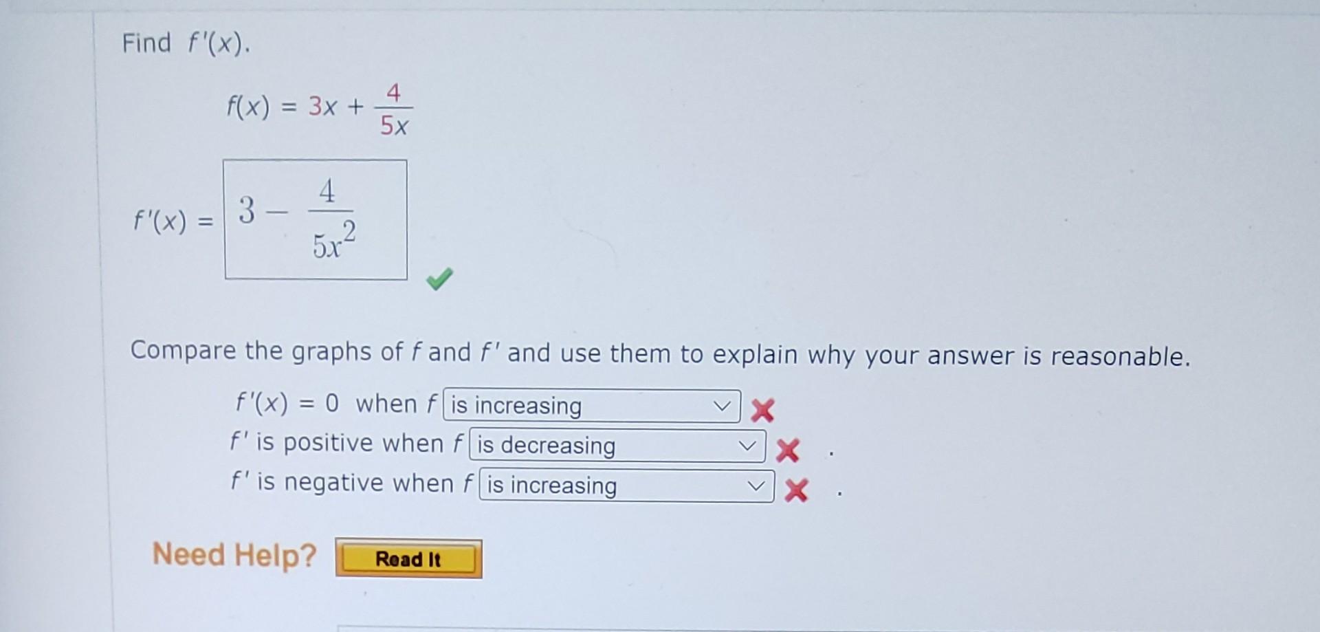 Solved Find f′(x). f(x)=3x+5x4f′(x)=3−5x24 Compare the | Chegg.com