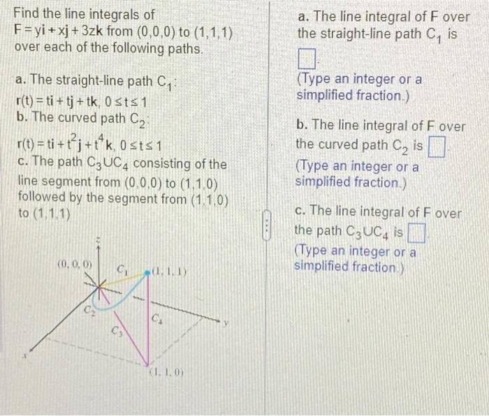 Solved Find the line integrals of F=yi+xj+3zk from (0,0,0) | Chegg.com