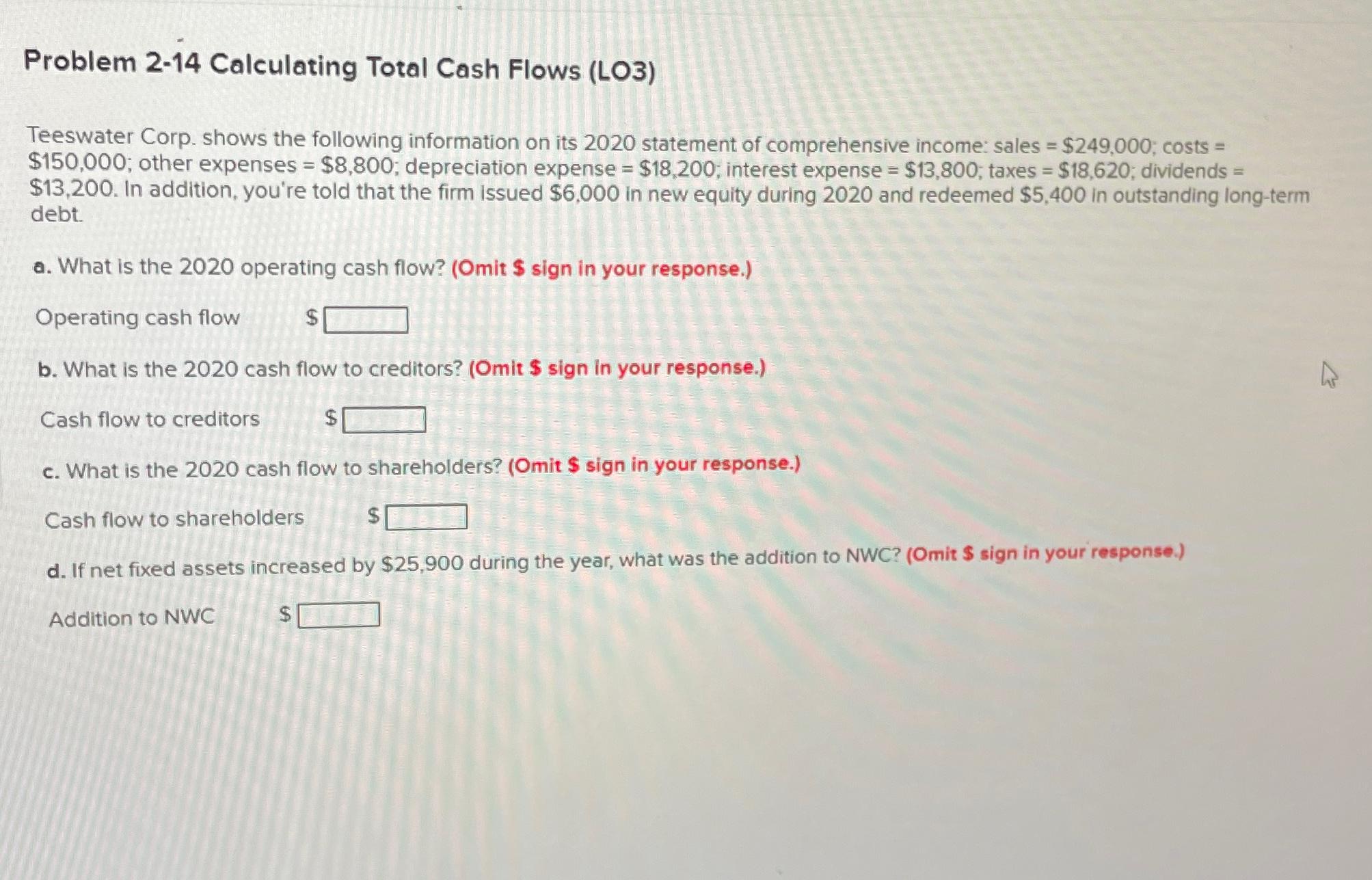 Solved Problem 2-14 ﻿Calculating Total Cash Flows | Chegg.com