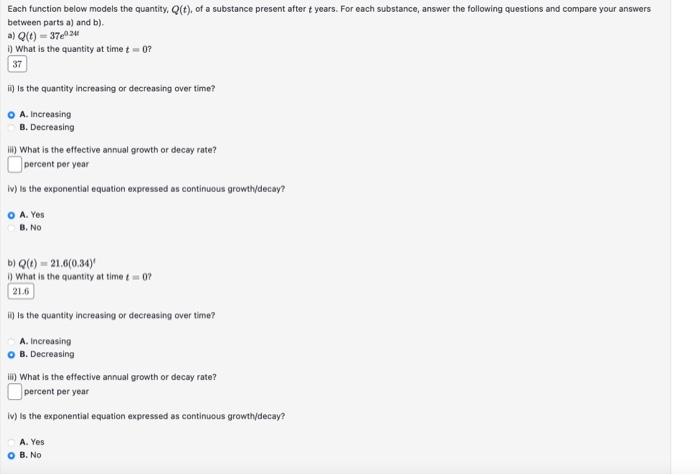 Solved Each function below models the quantity, Q(t), of a | Chegg.com