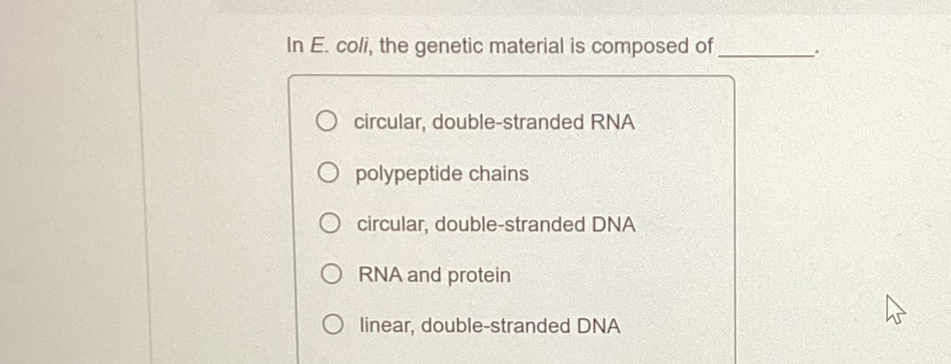 Solved In E. ﻿coli, the genetic material is composed | Chegg.com