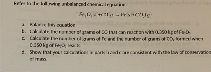 Solved Refer to the following unbalanced chemical equation: | Chegg.com