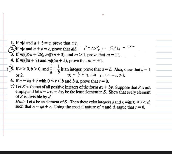 Solved 1. If a∣b and a+b=c, prove that a∣c. 2. If a∣c and | Chegg.com