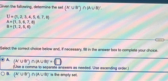 Solved Use the Venn diagram to detormine the set A′ U B. | Chegg.com