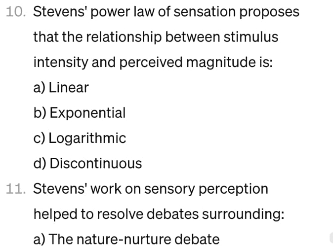 Solved Stevens' power law of sensation proposes that the | Chegg.com