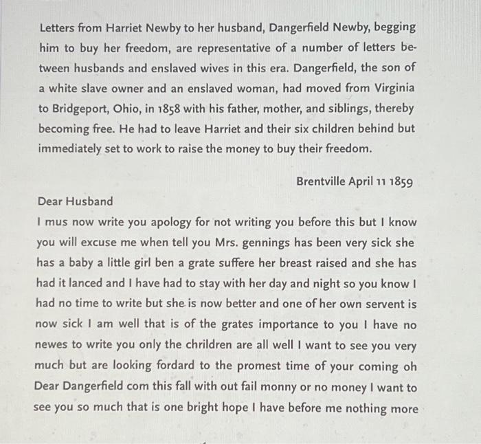 Letters from Harriet Newby to her husband, | Chegg.com