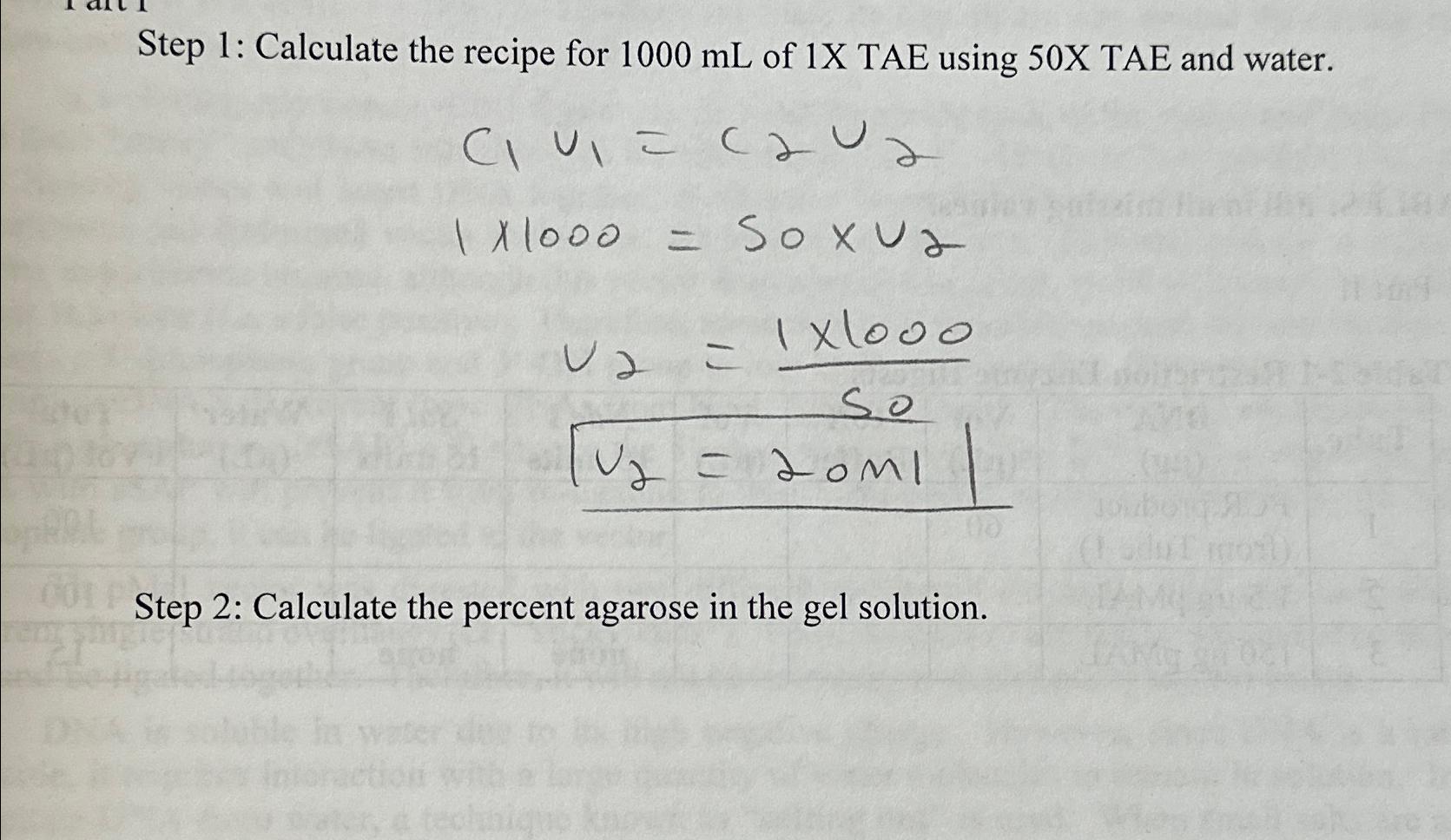 Solved Step 1: Calculate the recipe for 1000mL ﻿of 1x ﻿TAE | Chegg.com