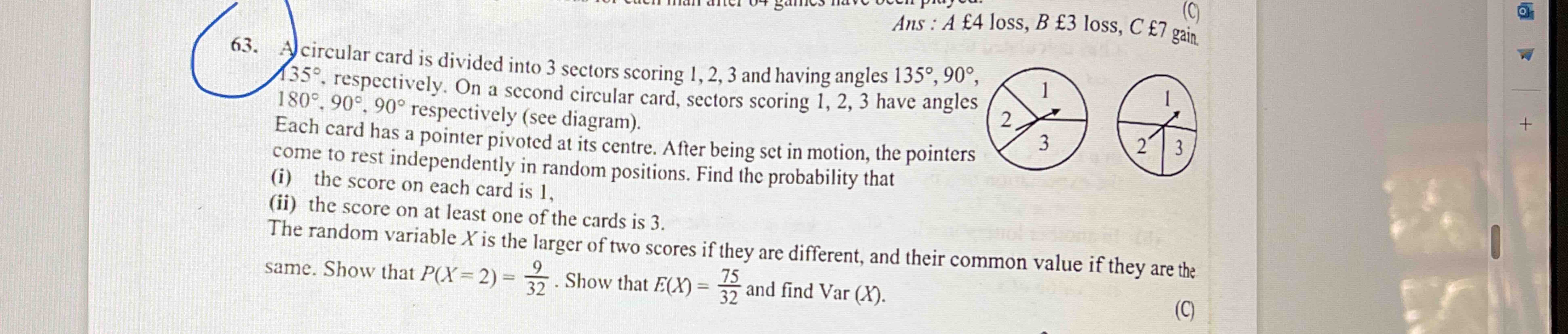 Solved A circular card is divided into 3 ﻿sectors scoring | Chegg.com