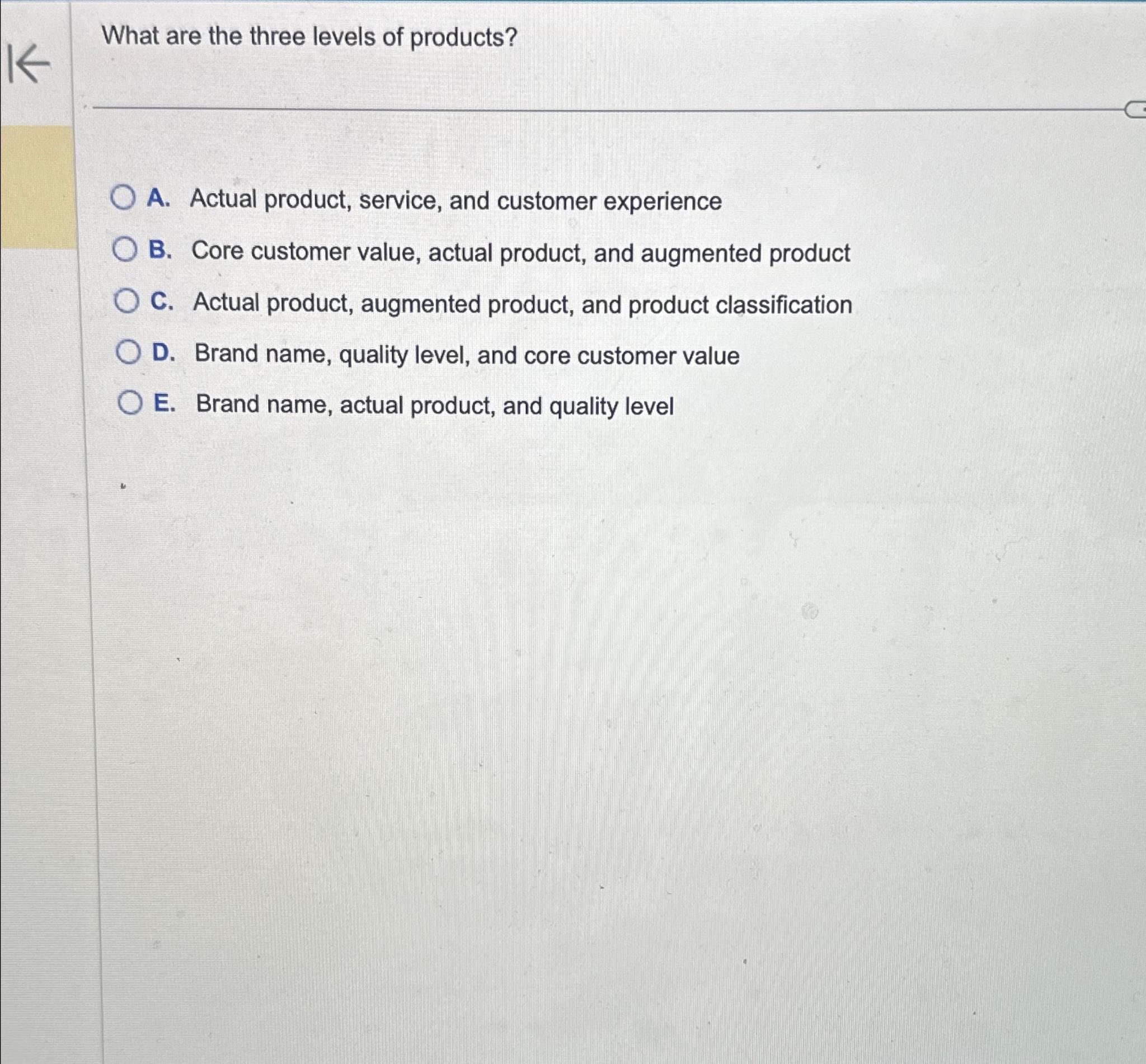 Solved What are the three levels of products?A. ﻿Actual | Chegg.com