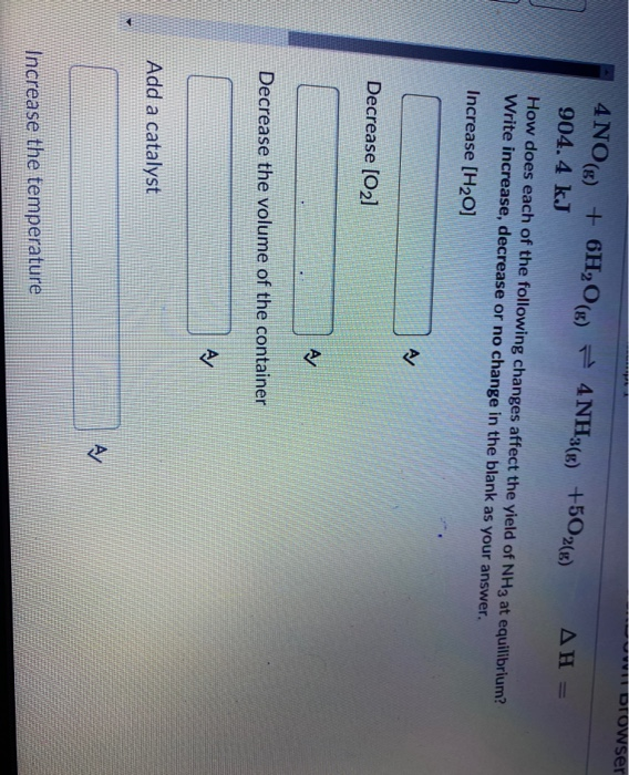 Solved Drowser 4 NO(g) + 6H2O(g) = 4NH3(g) +502(g) AH = | Chegg.com