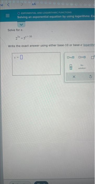 Solved Solve for x. 23x=5x+10 Write the exact answer using | Chegg.com