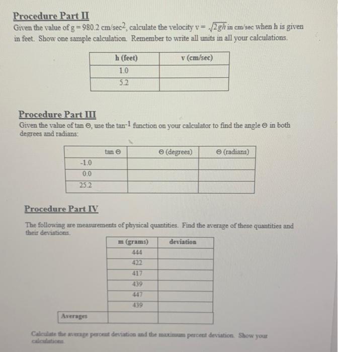 Solved Procedure Part II Given the value of g=980.2 cm/sec2, | Chegg.com Solved Procedure Part II Given the value of g=980.2 cm/sec2, | Chegg.com