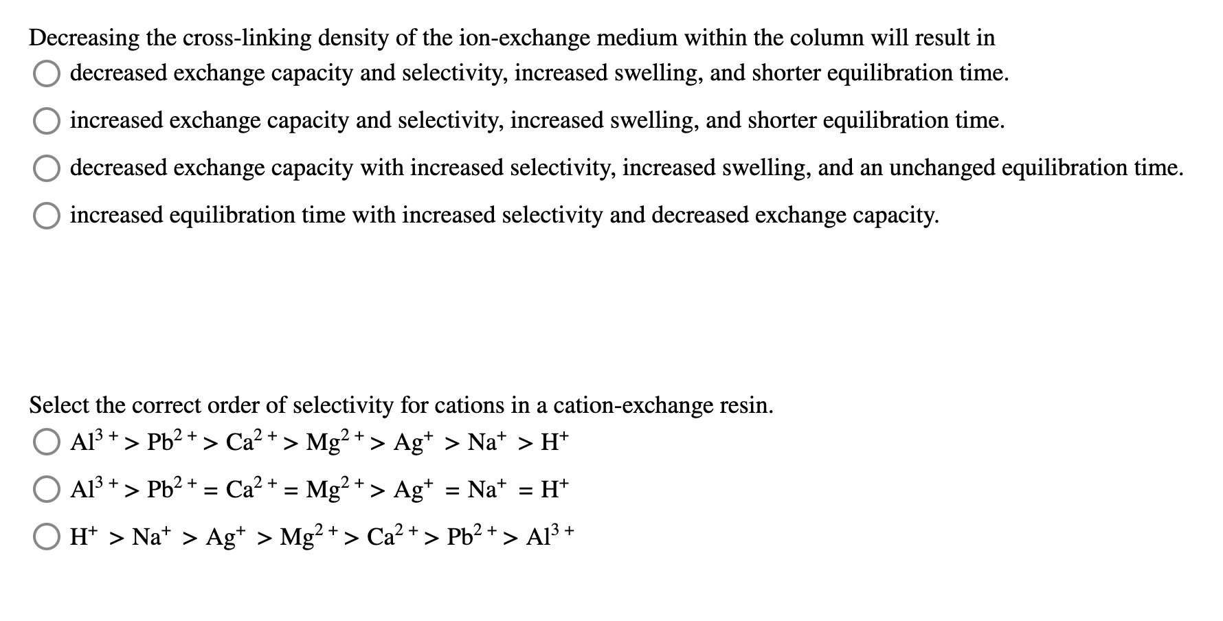 Solved Select the correct order of ﻿selectivity for cations | Chegg.com