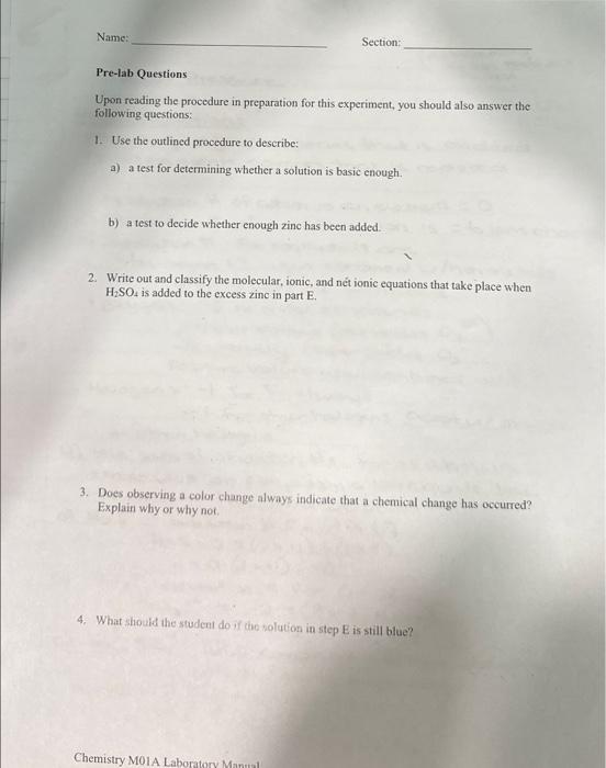 Name: Section: Pre-lab Questions Upon reading the | Chegg.com