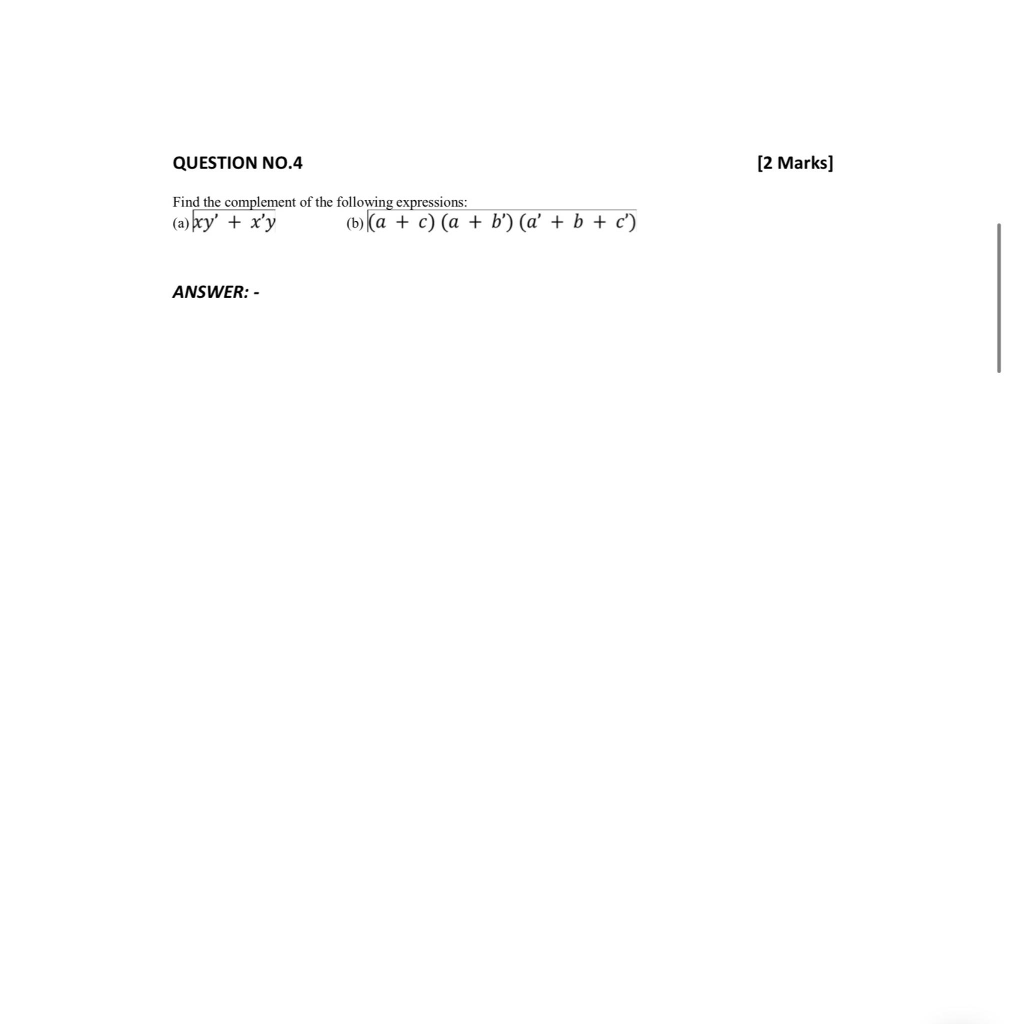 Solved QUESTION NO.4[2 ﻿Marks]Find the complement of the | Chegg.com