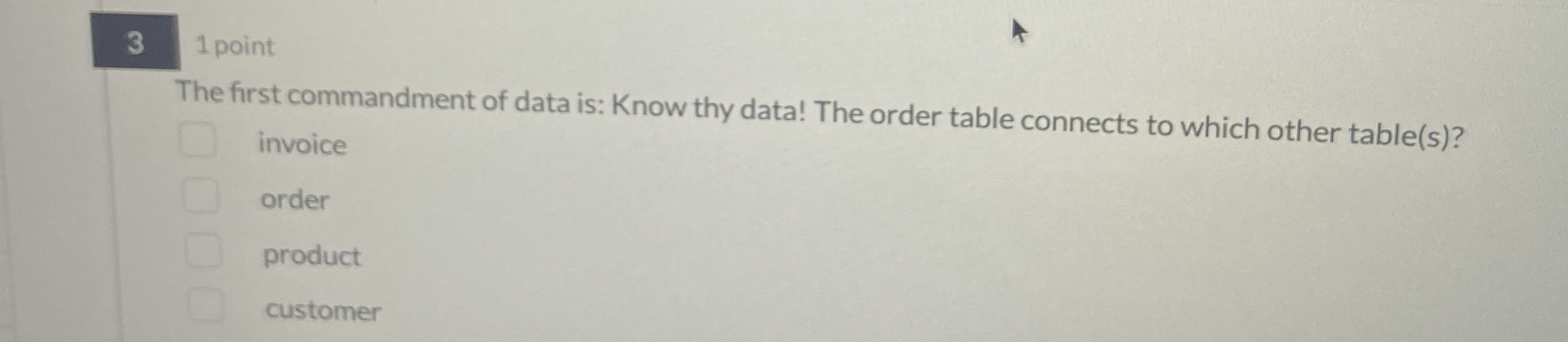 Solved 3 1 ﻿pointThe first commandment of data is: Know thy | Chegg.com