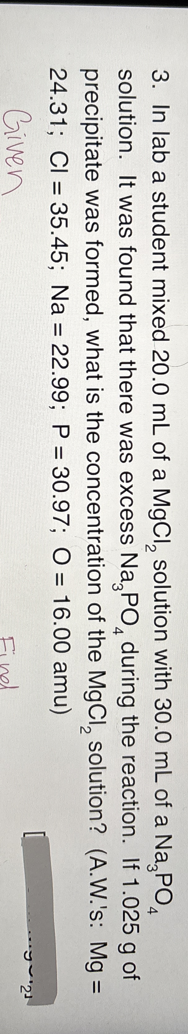 Solved In lab a student mixed 20.0 ﻿mL of a MgCl2 ﻿solution | Chegg.com