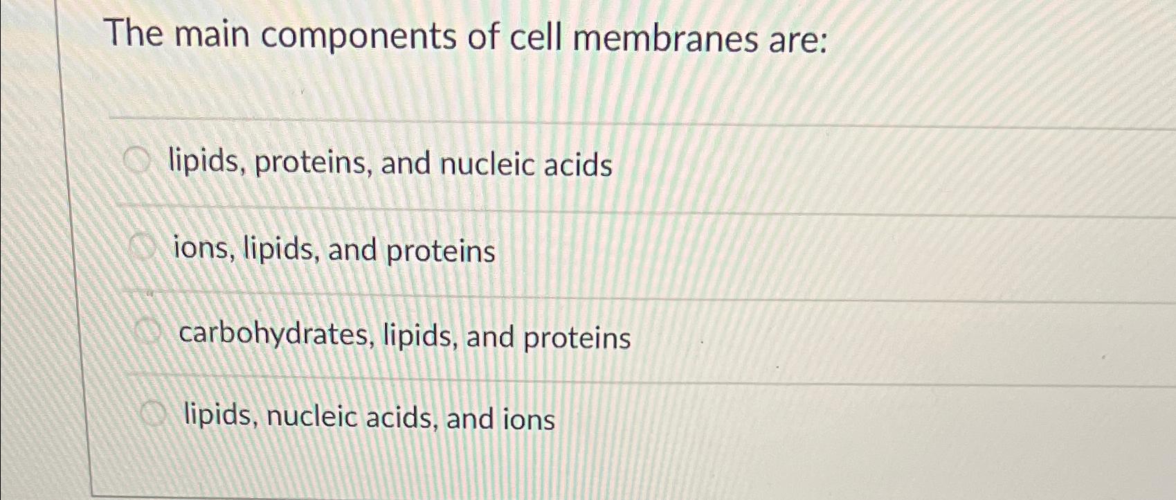 Solved The main components of cell membranes are:lipids, | Chegg.com