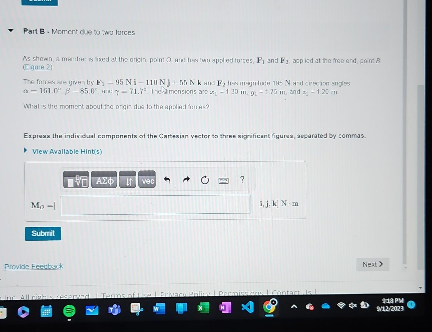 Solved Part A - Moment due to a force specified as a | Chegg.com