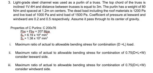 Solved 3. Light-grade steel channel was used as a purlin of | Chegg.com