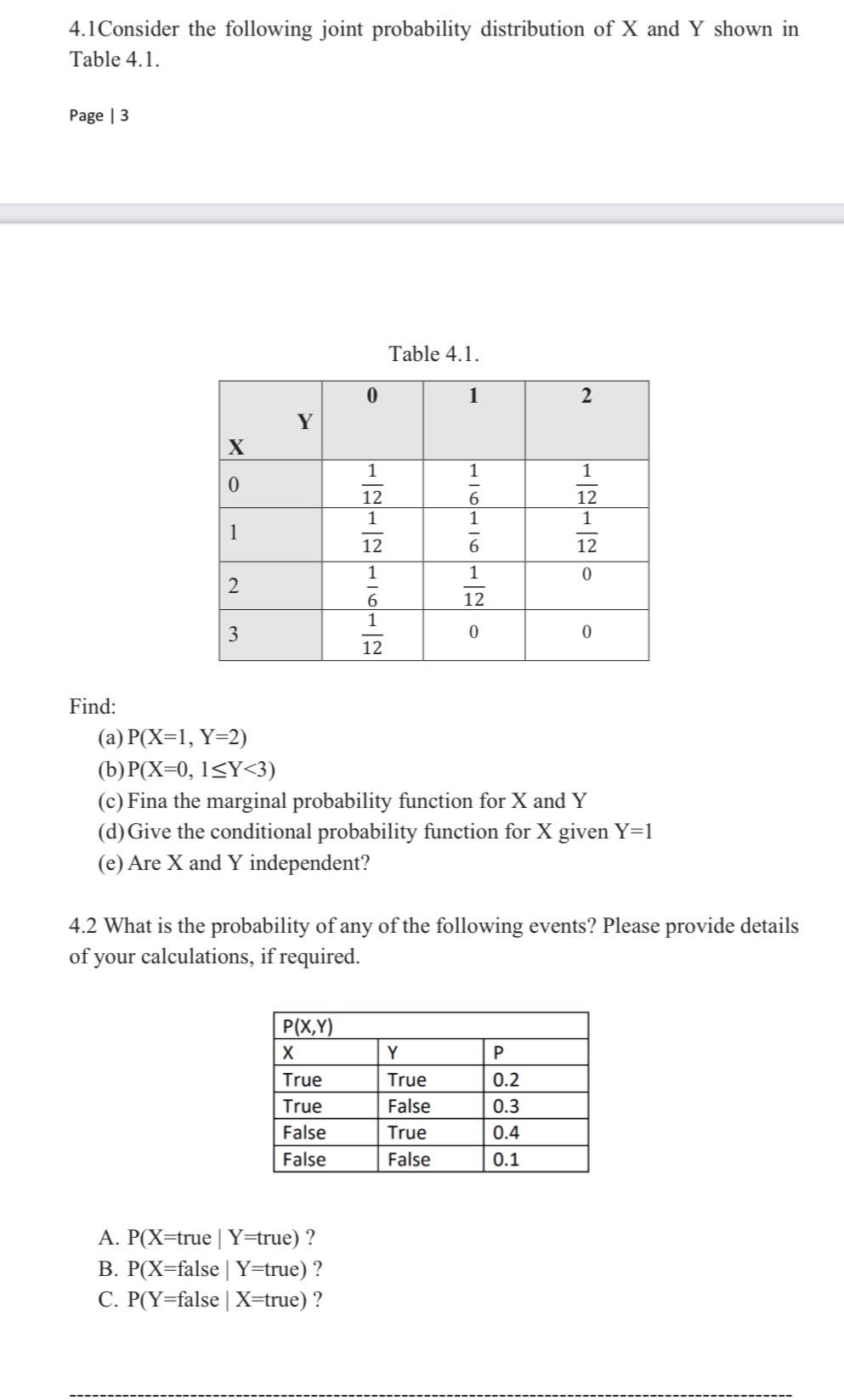 Solved 4.1Consider the following joint probability | Chegg.com