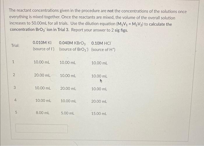 Solved The reactant concentrations given in the procedure | Chegg.com