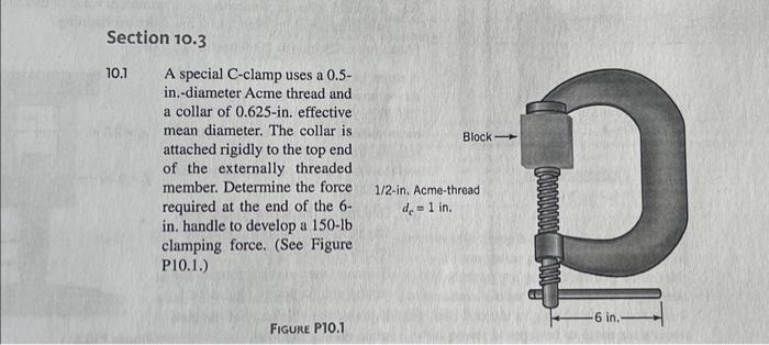 Solved A special C-clamp uses a 0.5 in.-diameter Acme thread | Chegg.com