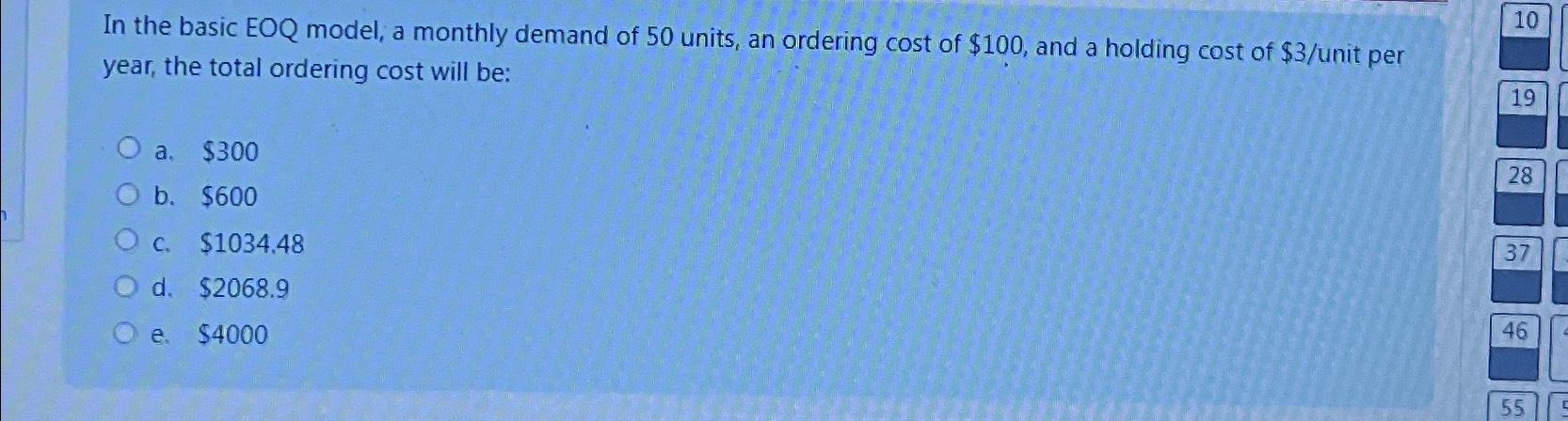 Solved In the basic EOQ model, a monthly demand of 50 | Chegg.com