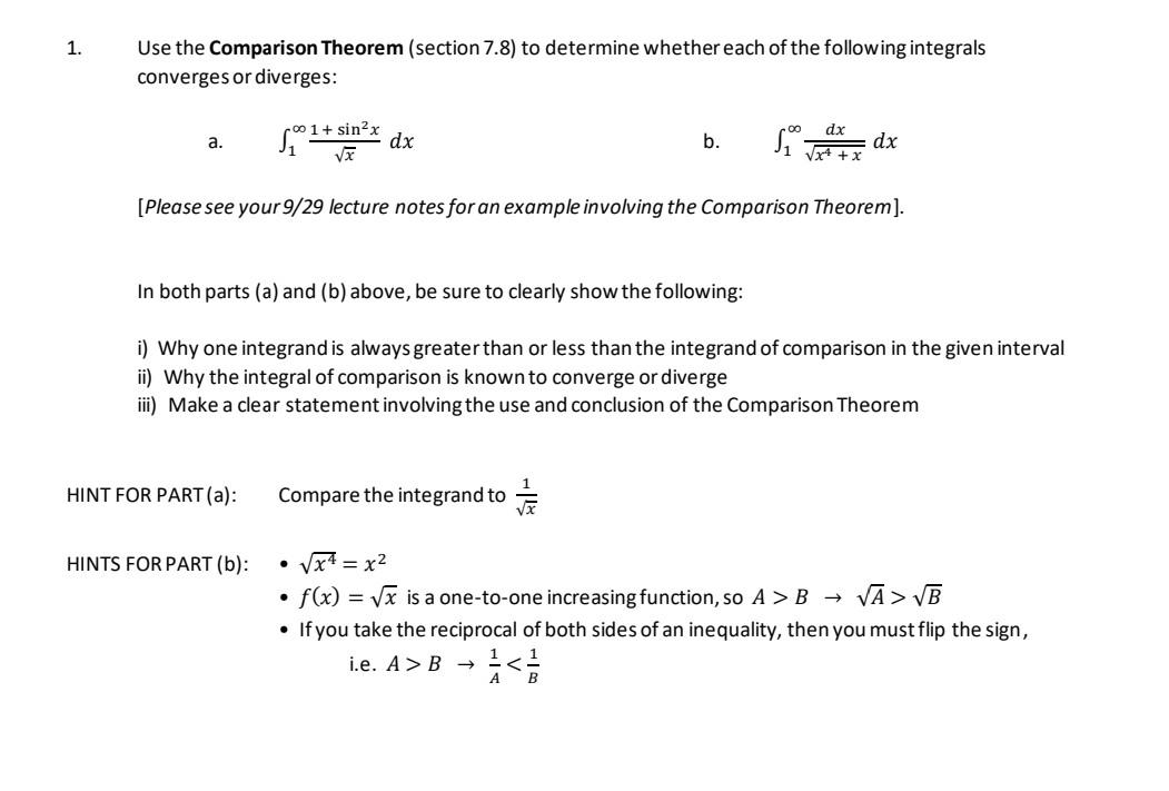Solved 1. Use the Comparison Theorem (section 7.8 ) to | Chegg.com