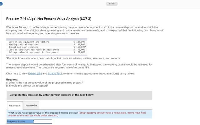 Solved Problem 7-16 (Algo) Net Present Value Analysis | Chegg.com