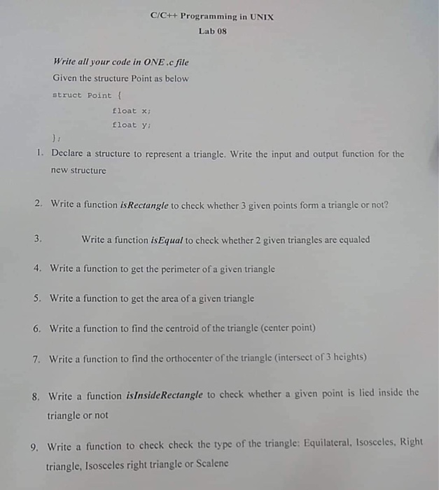 Solved C C Programming Unix Lab 08 Write Code Onec File Given Structure Point Struct Point 