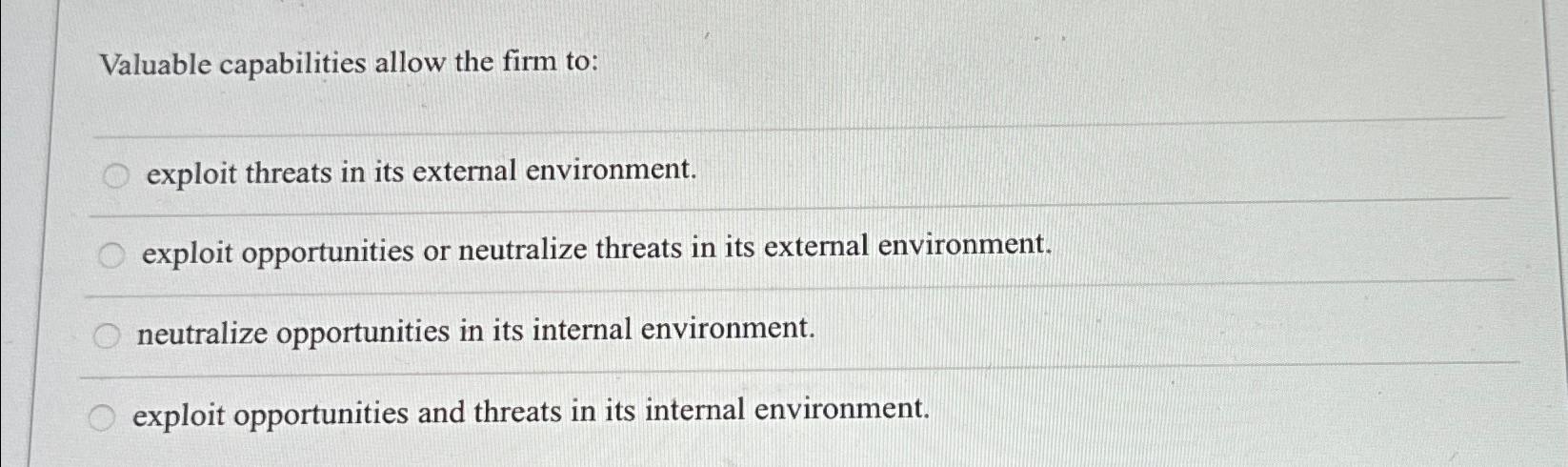 Solved Valuable capabilities allow the firm to:exploit | Chegg.com