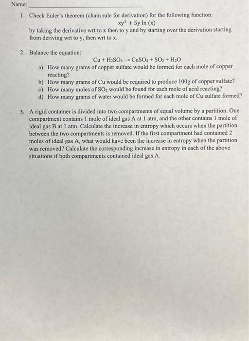 Solved 1. Check Euler's theorem (chain rule for derivation) | Chegg.com