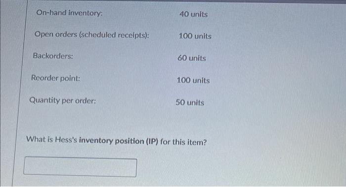 Solved On-hand inventory: 40 units Open orders (scheduled | Chegg.com