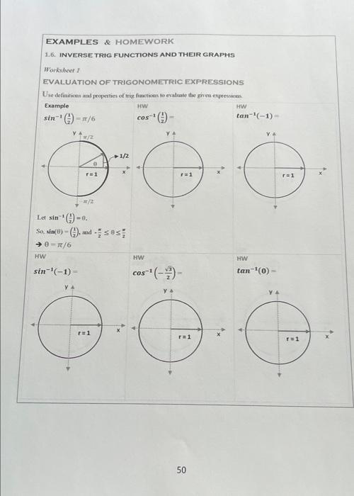 Solved EXAMPLES HOMEWORK 1.6. INVERSE TRIG FUNCTIONS AND | Chegg.com
