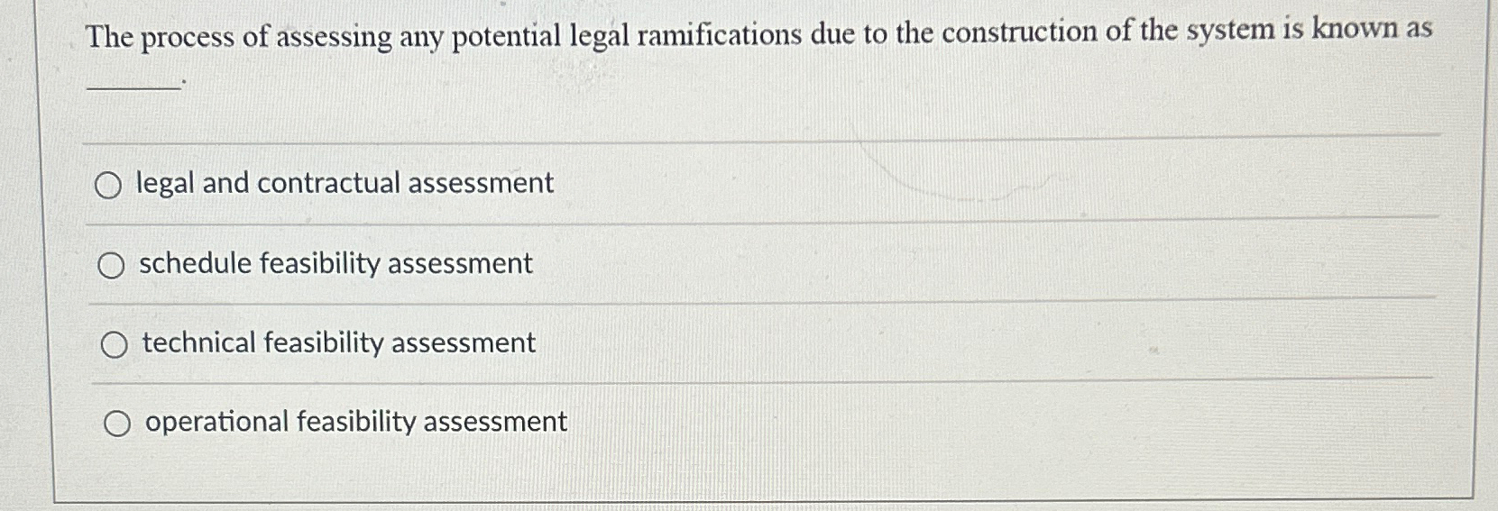 Solved The process of assessing any potential legal | Chegg.com