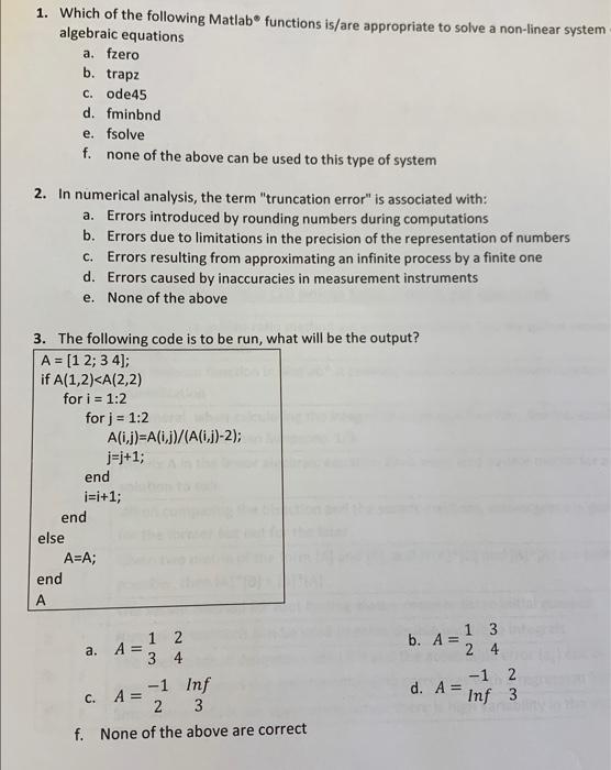 Solved 1. Which of the following Matlab ⋆ functions is/are | Chegg.com