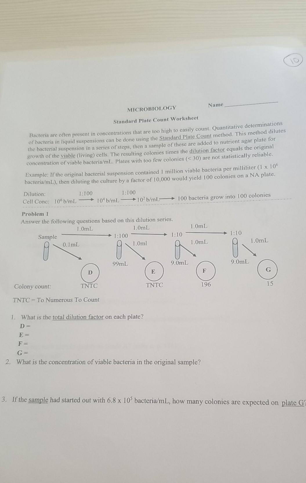 Solved Name MICROBIOLOGY Standard Plate Count Worksheet | Chegg.com