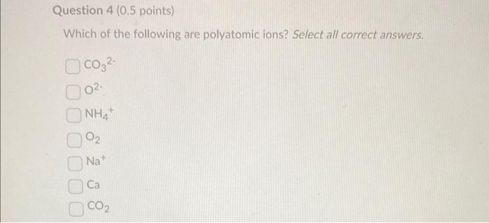 Solved Which of the following are polyatomic ions? Select | Chegg.com