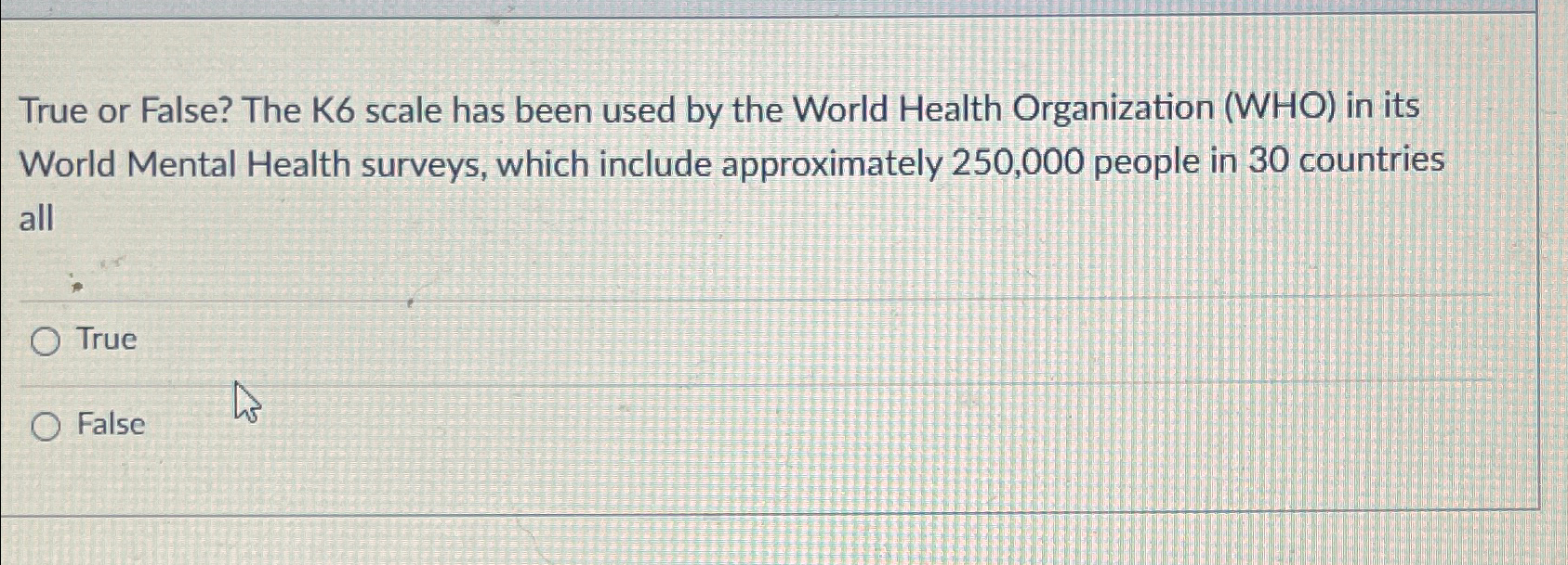Solved True or False? The K6 ﻿scale has been used by the | Chegg.com